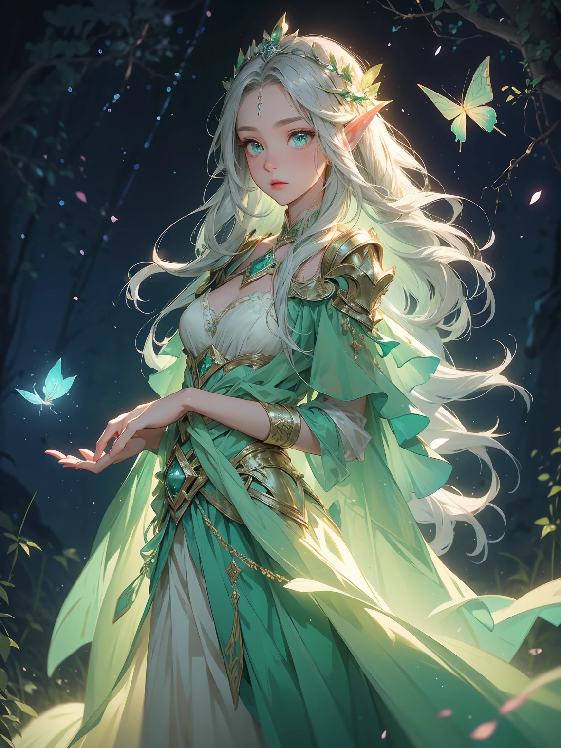 Create a stunning artwork of a majestic elf girl standing in a ...