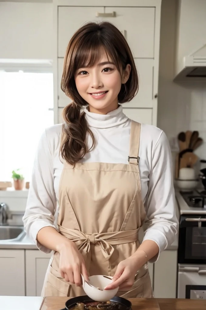 Gentle and virtuous China、Japanese Beauty，short hair、Wearing an orange apron in - SeaArt AI