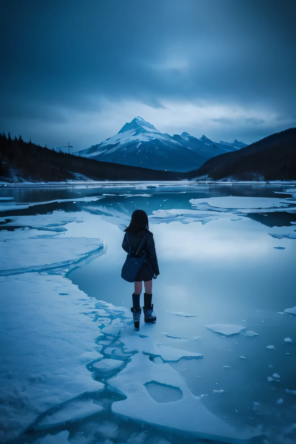 Arafed woman standing on ice in front of a mountain - SeaArt AI