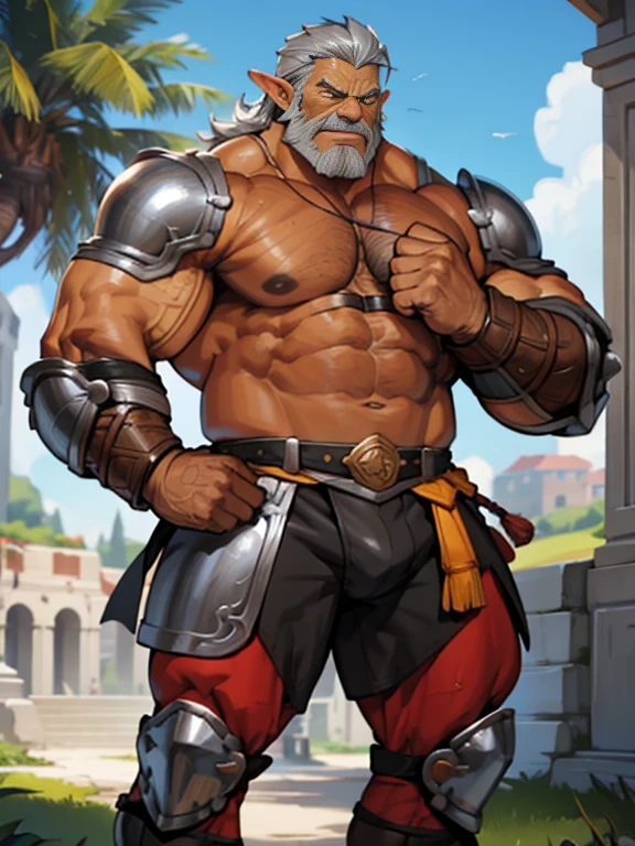 Burly virile hairy elf, in a suit of armor, a himbo muscle daddy ...