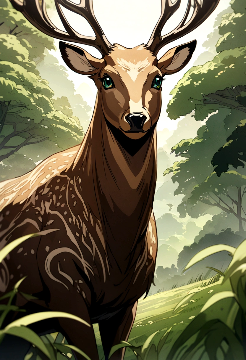 Detailed anime drawing of a brown deer with an elegant aura, big ...