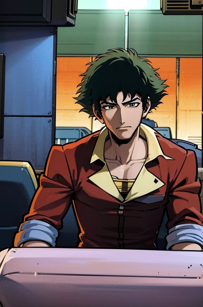 Anime character holding a gun in a train car, cowboy bebop anime style ...