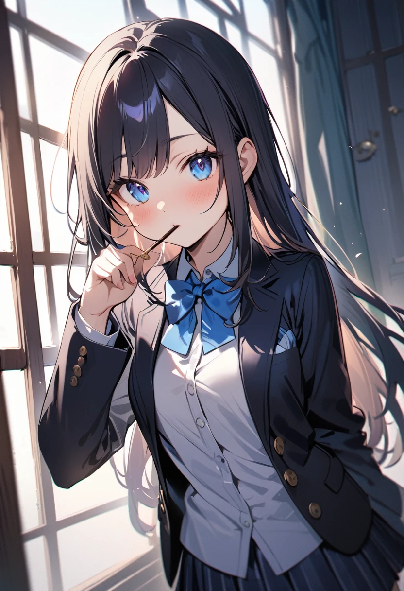 1 girl, long hair, black hair, straight hair, short bangs above brows ...