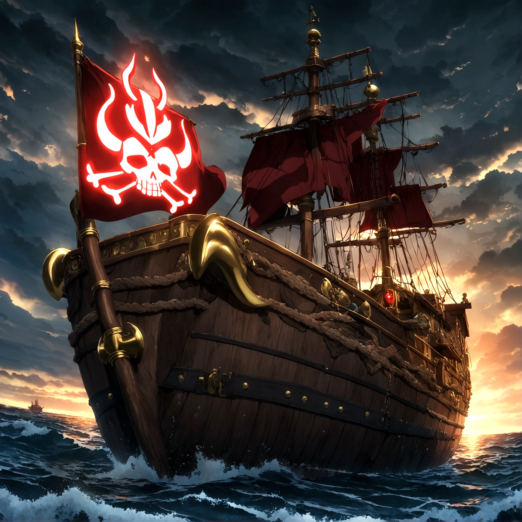 Pirate Galleon, Dark wood, Red flag with a blood-dripping axe symbol ...