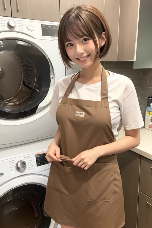 1woman, idol, ahoge, brown hair、bikini、apron、Doing laundry、smile ...