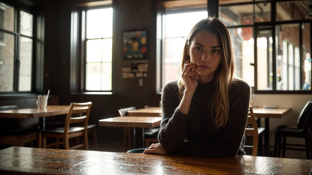 A woman barista in a cozy coffee shop, rain outside the window - SeaArt AI