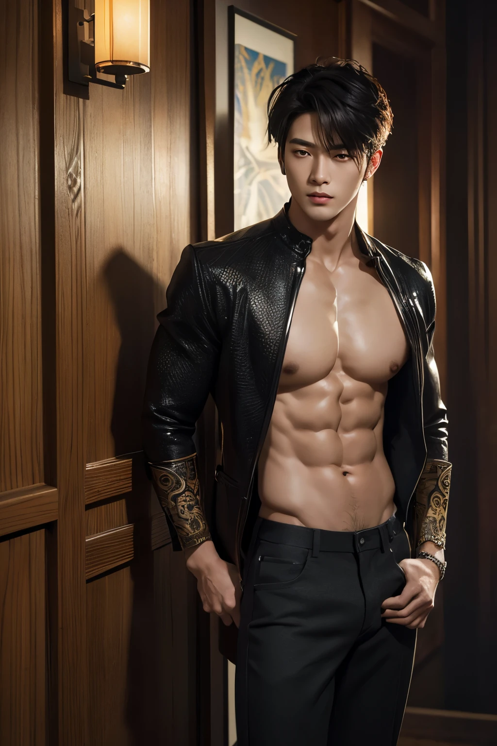Arafed male model in a leather jacket posing for a picture - SeaArt AI