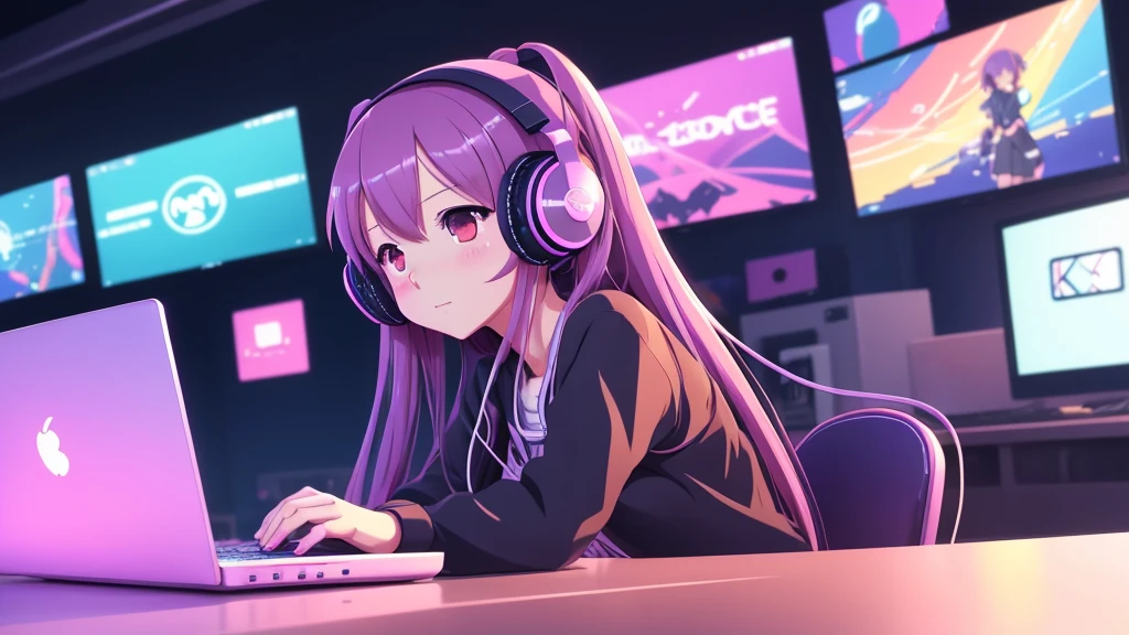 Anime girl with headphones on using a laptop computer, nightcore ...