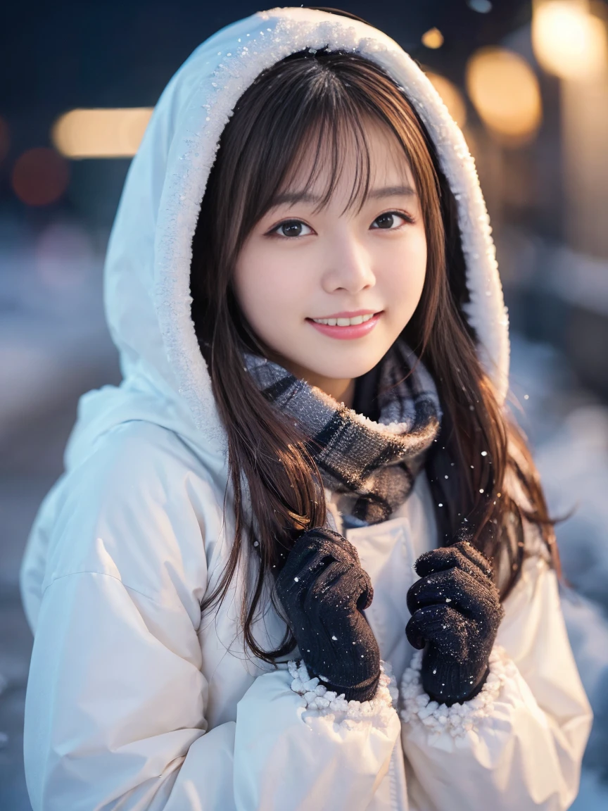 (Upper body selfie:1.3)、Winter street corner、A beautiful night view ...