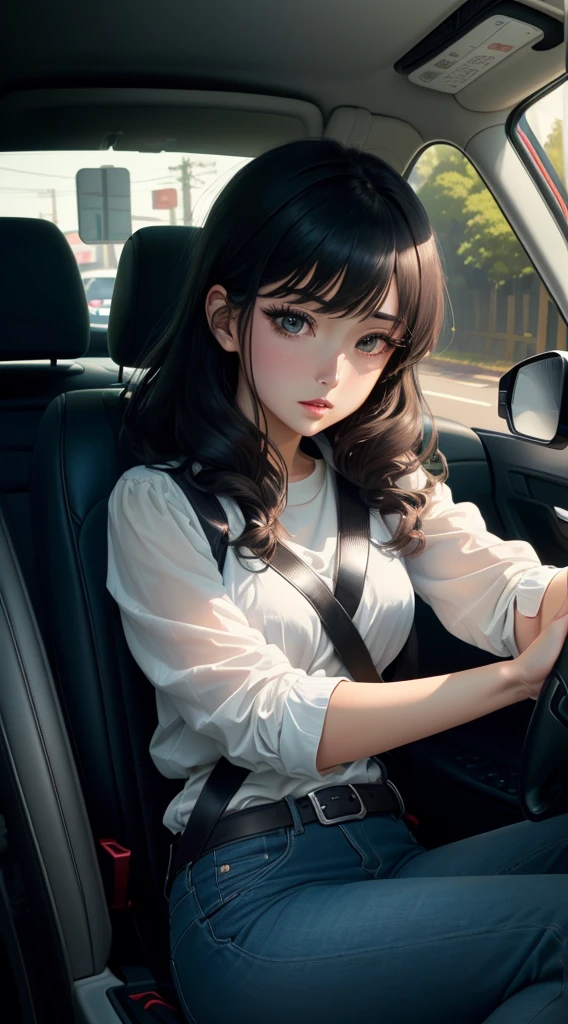 A car is driving on the road，Close-up of a person sitting in the back ...