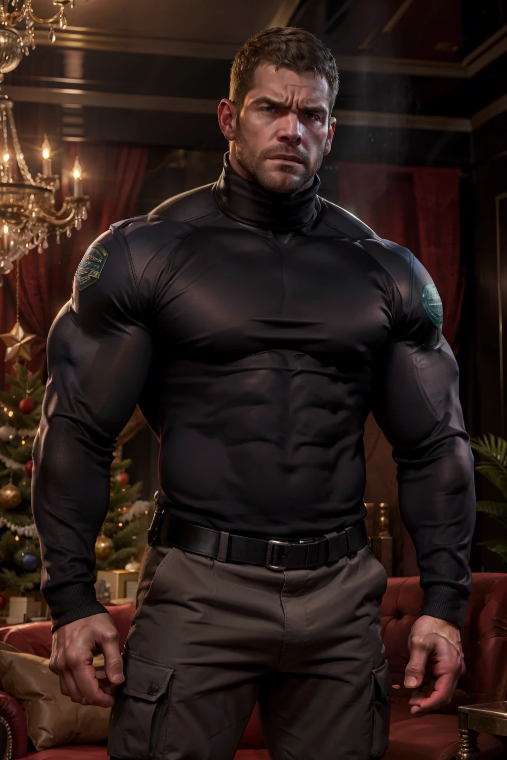 A man in a black shirt and pants standing in front of a christmas tree ...