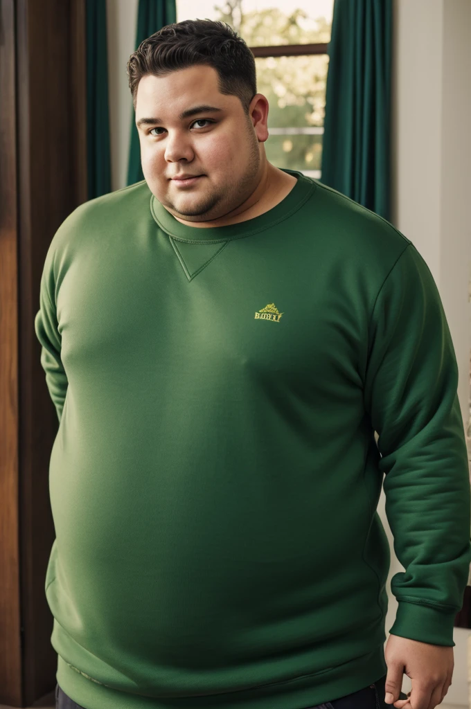 A fat boy in a green sweatshirt and a shean - SeaArt AI