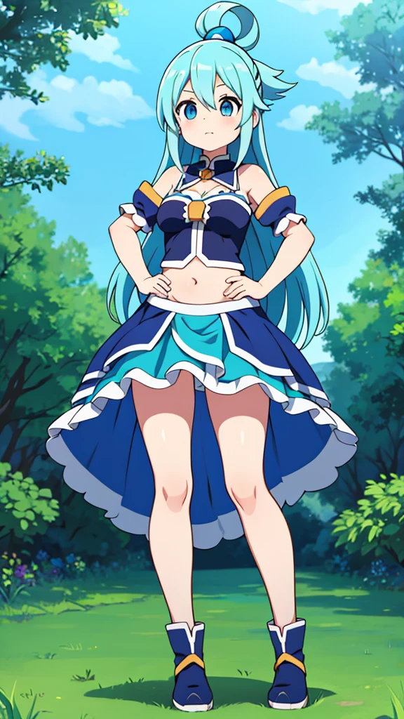 Aqua,konosuba,full body,standing,blue hair,light blue eyes,exposed belly - SeaArt AI