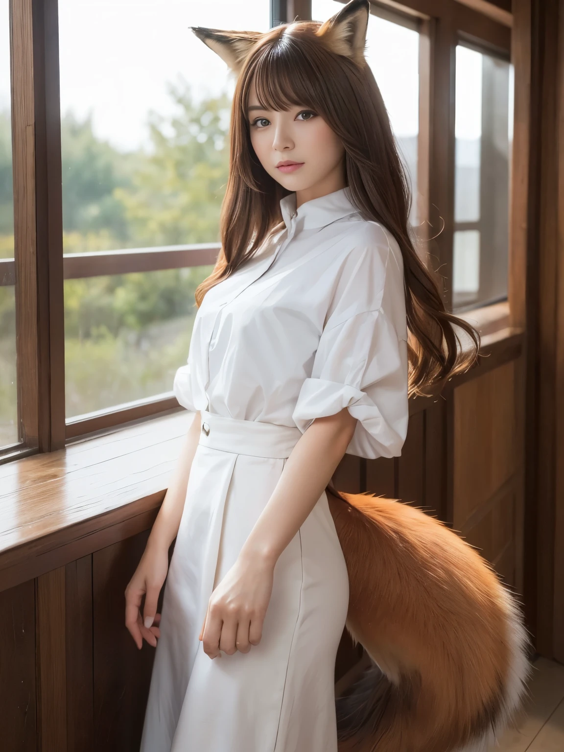 A woman in a white dress with a fox tail standing by a window - SeaArt AI