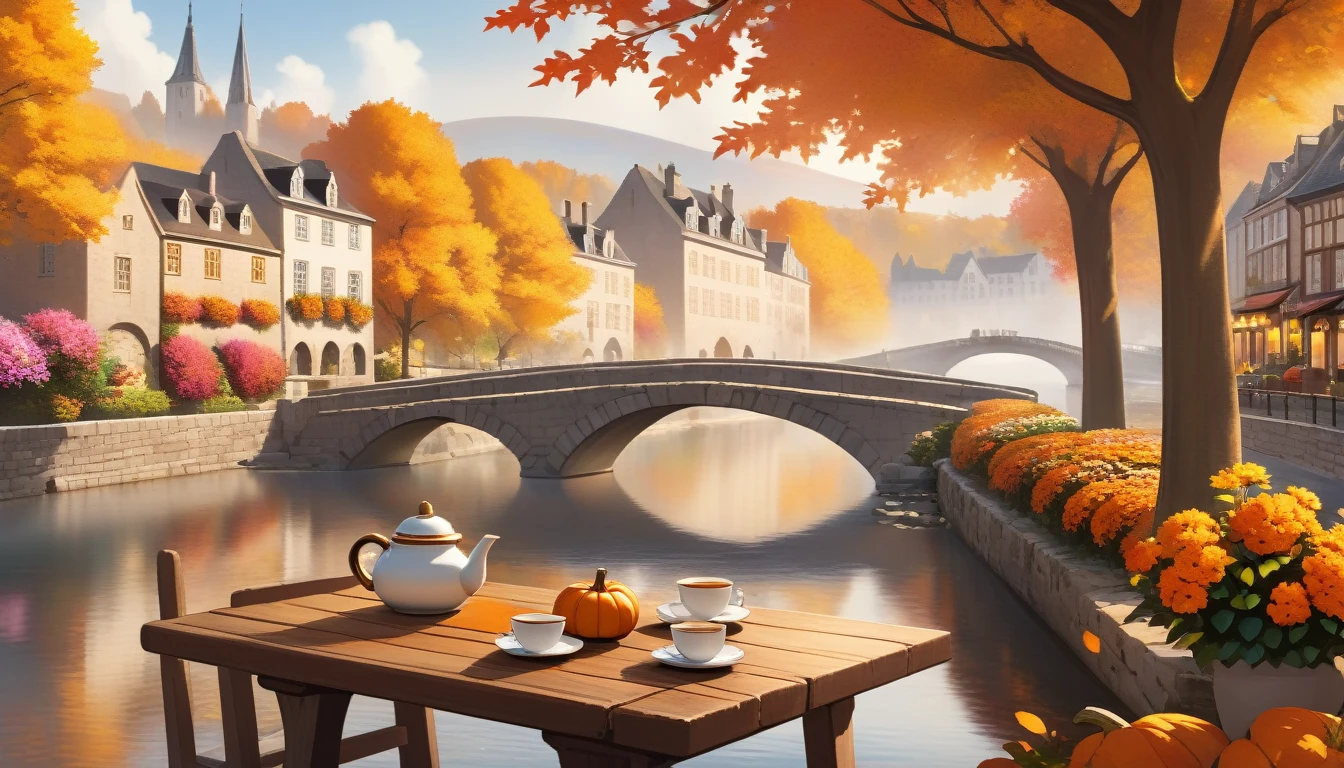 A serene autumn scene in a European town. The setting includes a stone ...