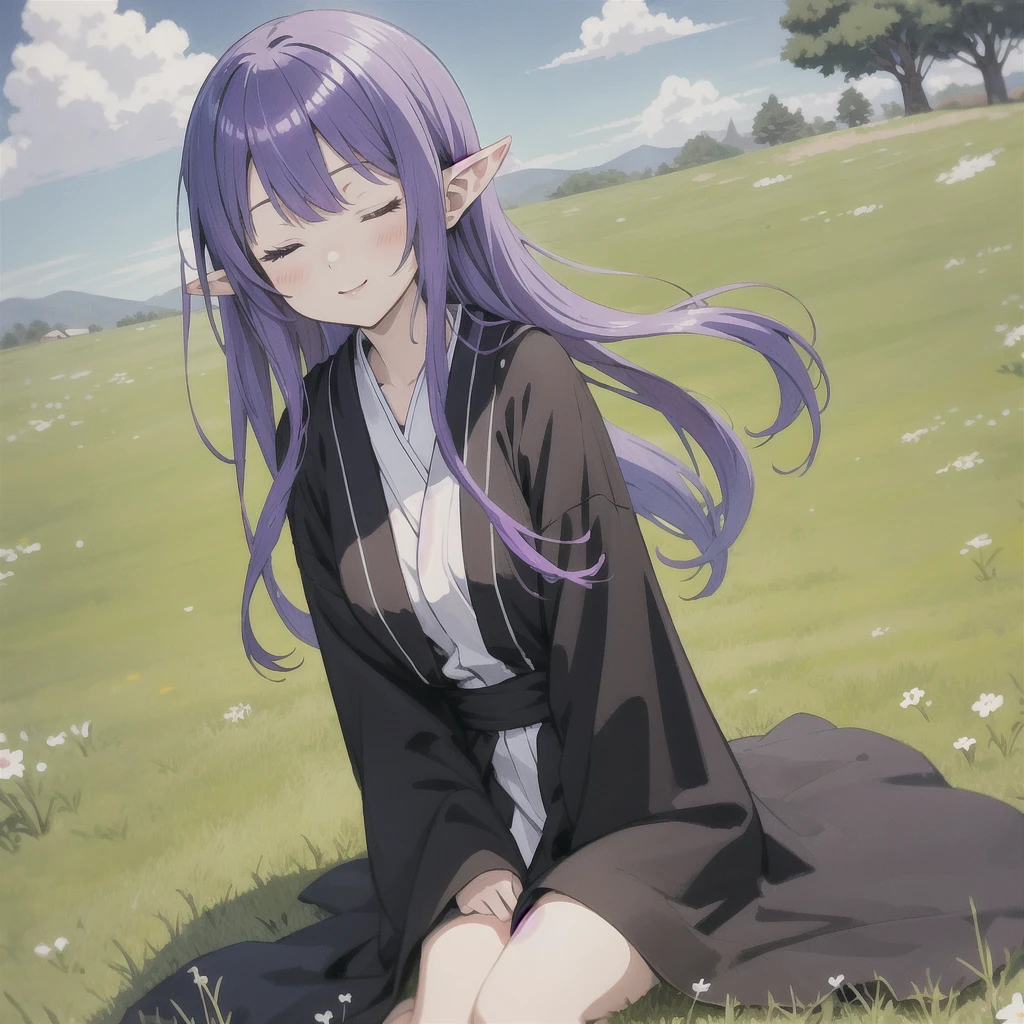 Anime girl long purple hair wearing a black Robe. she has pointy ears ...