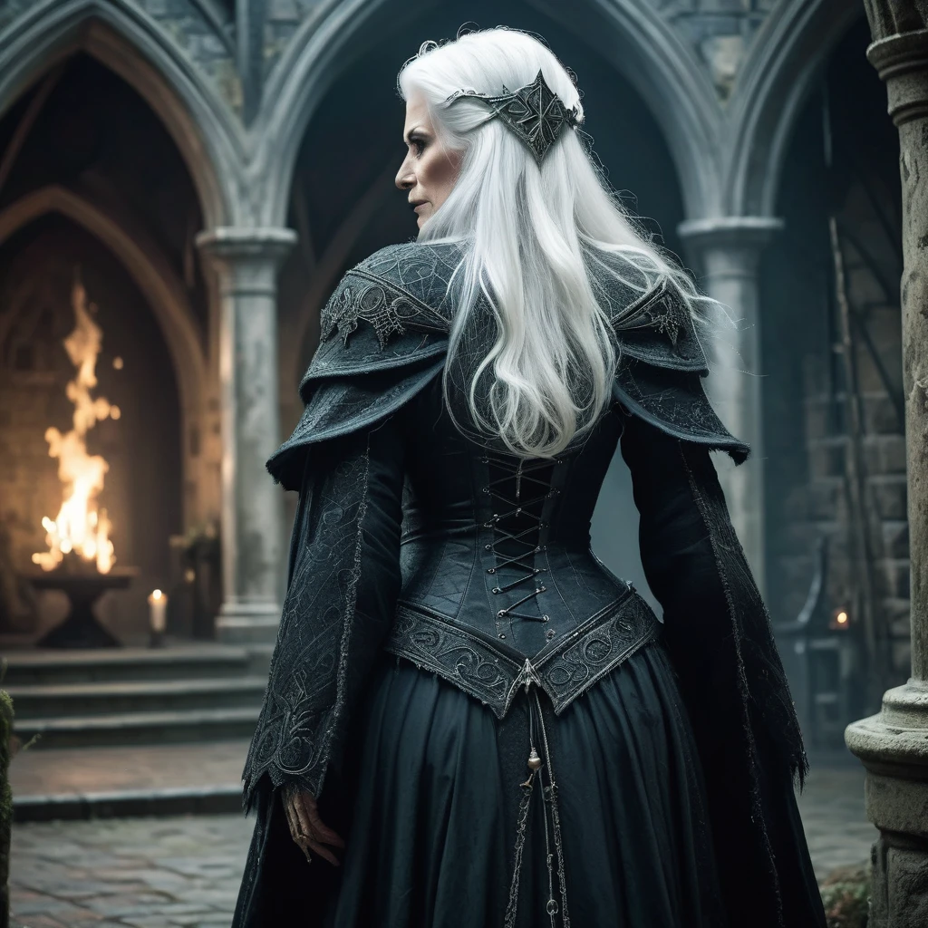 Back view of a white-haired old witch wearing a dark, medieval - SeaArt AI