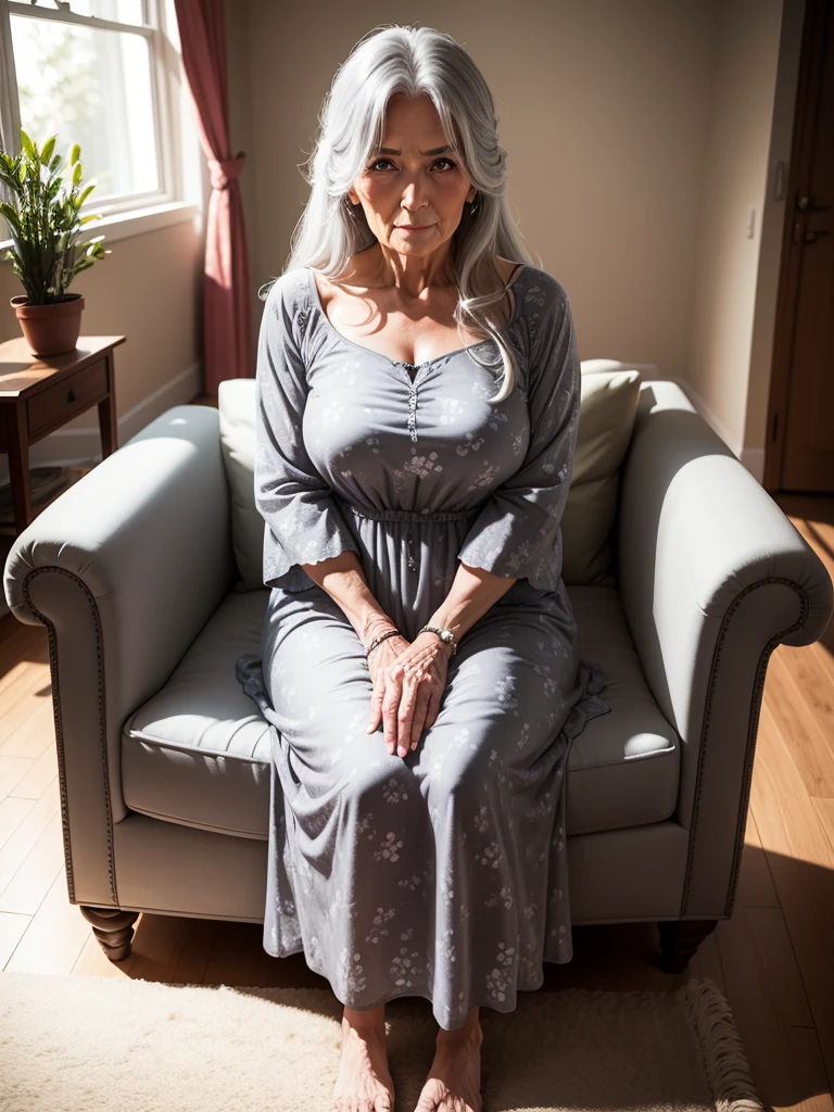 58歳の女性, 長い灰色の髪, 細部までこだわった影のある顔, 写真のポーズ, 花柄のドレス, リビングルームのシーン, - SeaArt AI