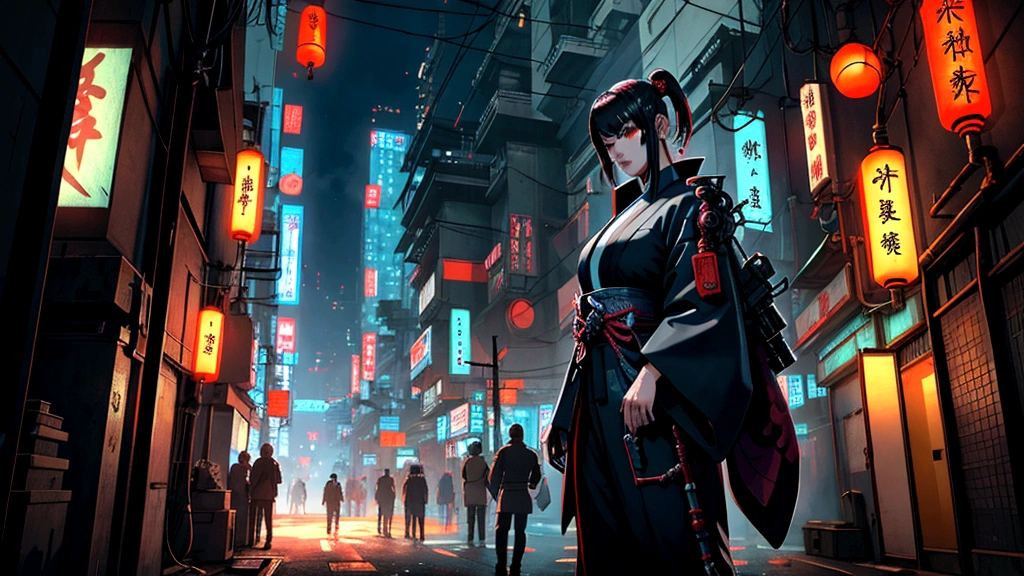 Transform the image into an ancient Japanese cyberpunk character ...