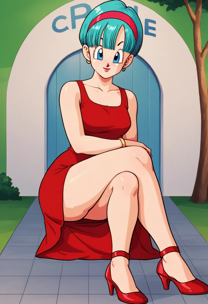 Bulma red dress legs crossed - SeaArt AI