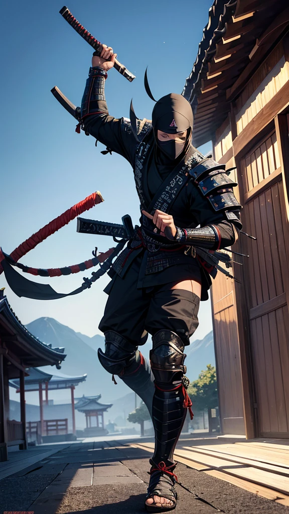 Create a cinematic hyper-realistic 3D image of a cool ninja with all ...