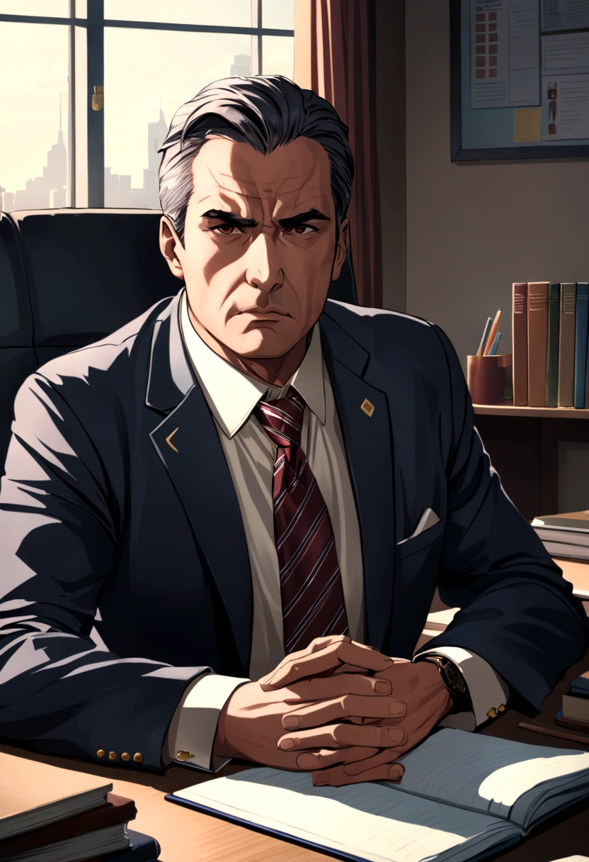 A handsome high school principal sitting in his office with a serious ...