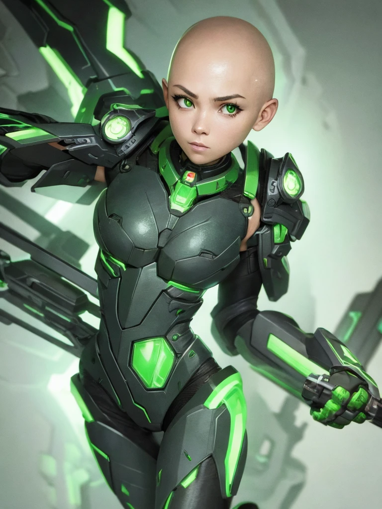 Cute cyborg girl, ((bald)), full body, green synthetic skin, skimpy ...