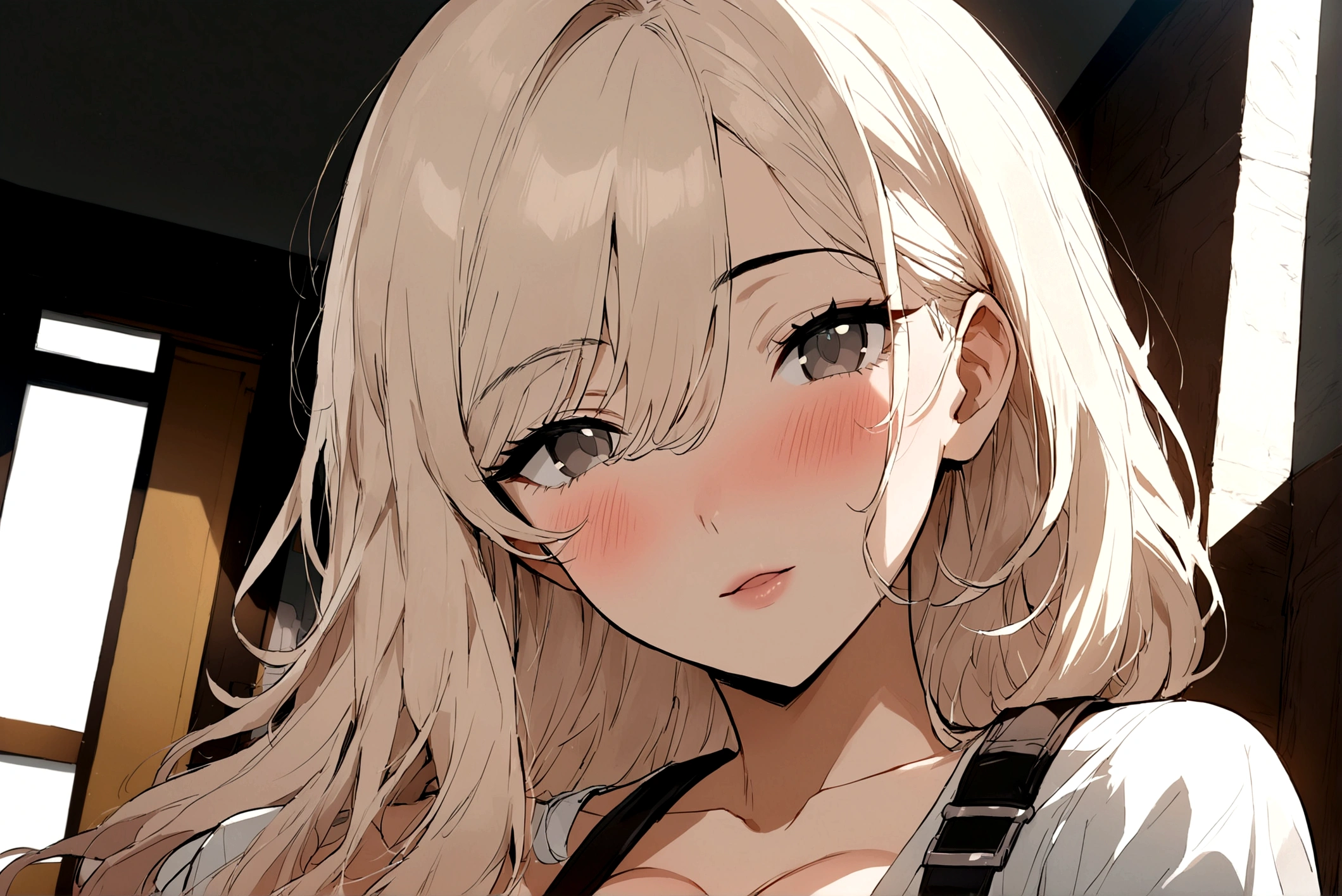 Elna Stongs, 1girl, solo, beautiful grey eyes, breasts, cleavage - SeaArt AI