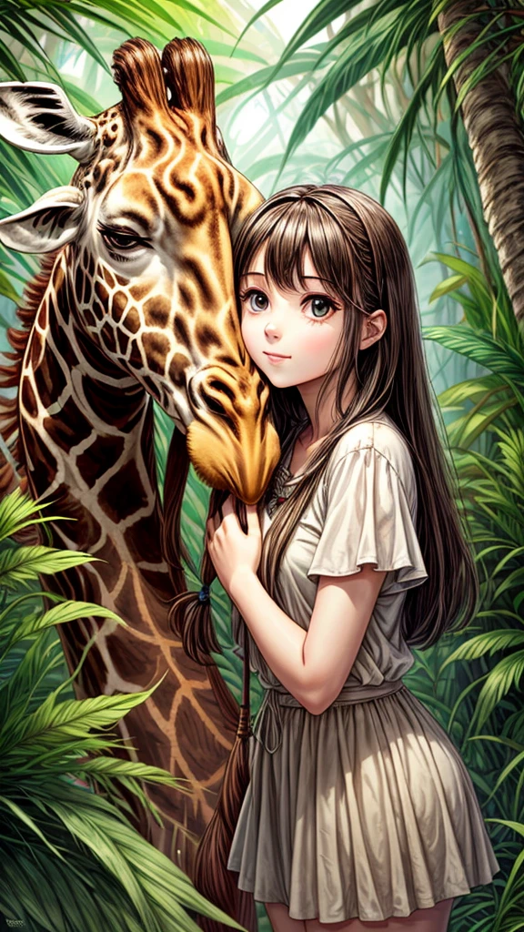 Cute girl touching a big giraffe, jungle background - SeaArt AI