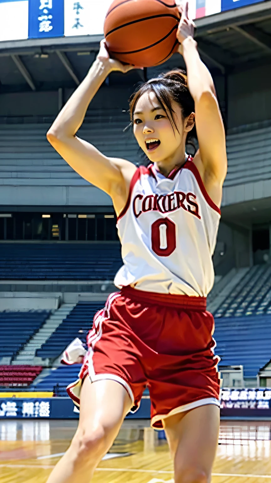 Arafed female basketball player in red and white uniform shooting a ...