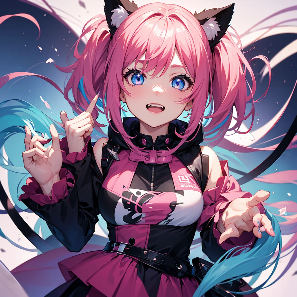 Very cute female anime half human cat, black and pink hair , blue eyes ...