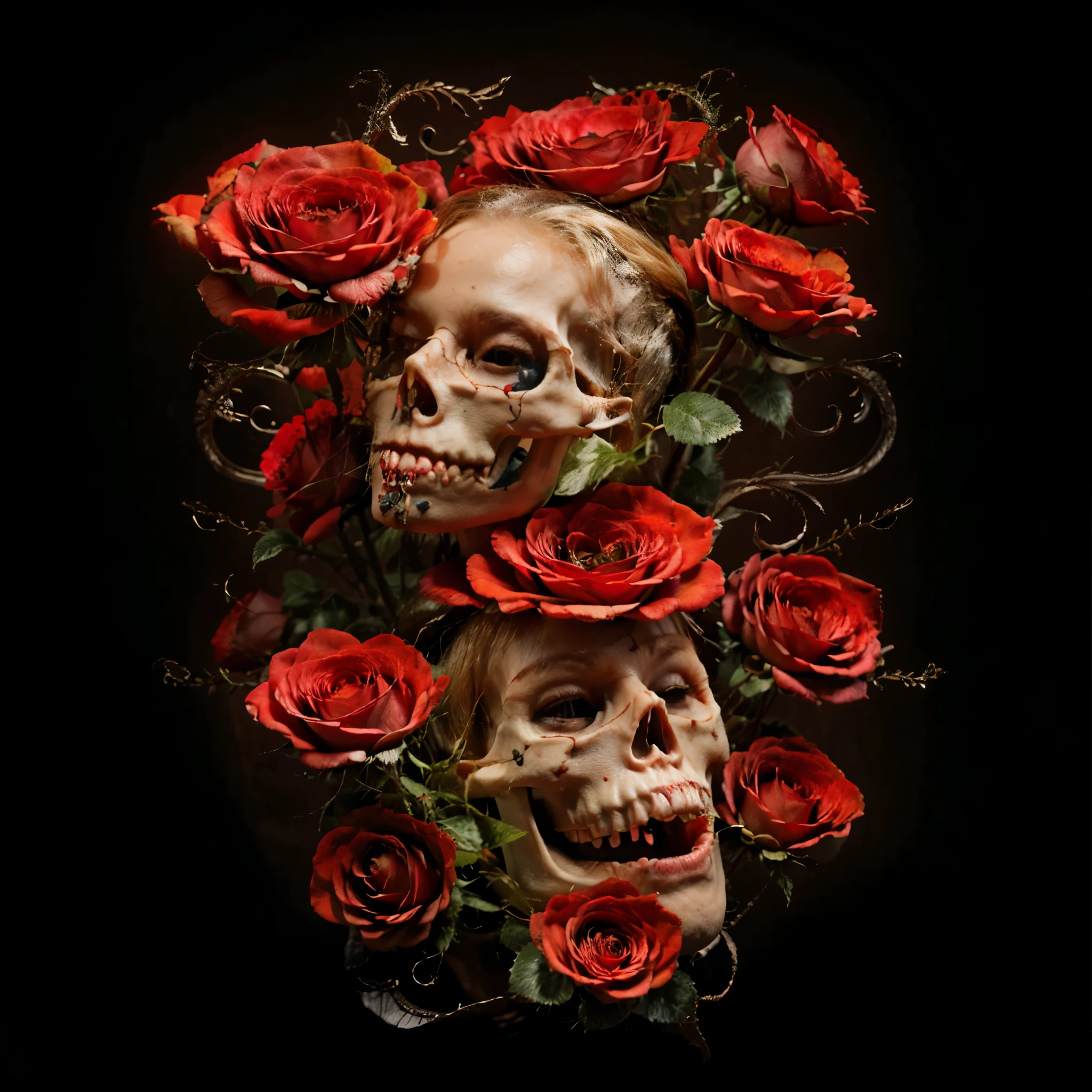 A close up of three skulls and roses on a black background - SeaArt AI