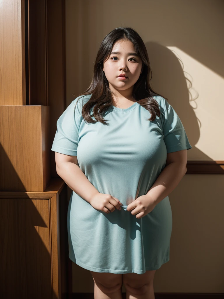 A 10 year old obese girl, chubby cheeks, round face, double chin ...