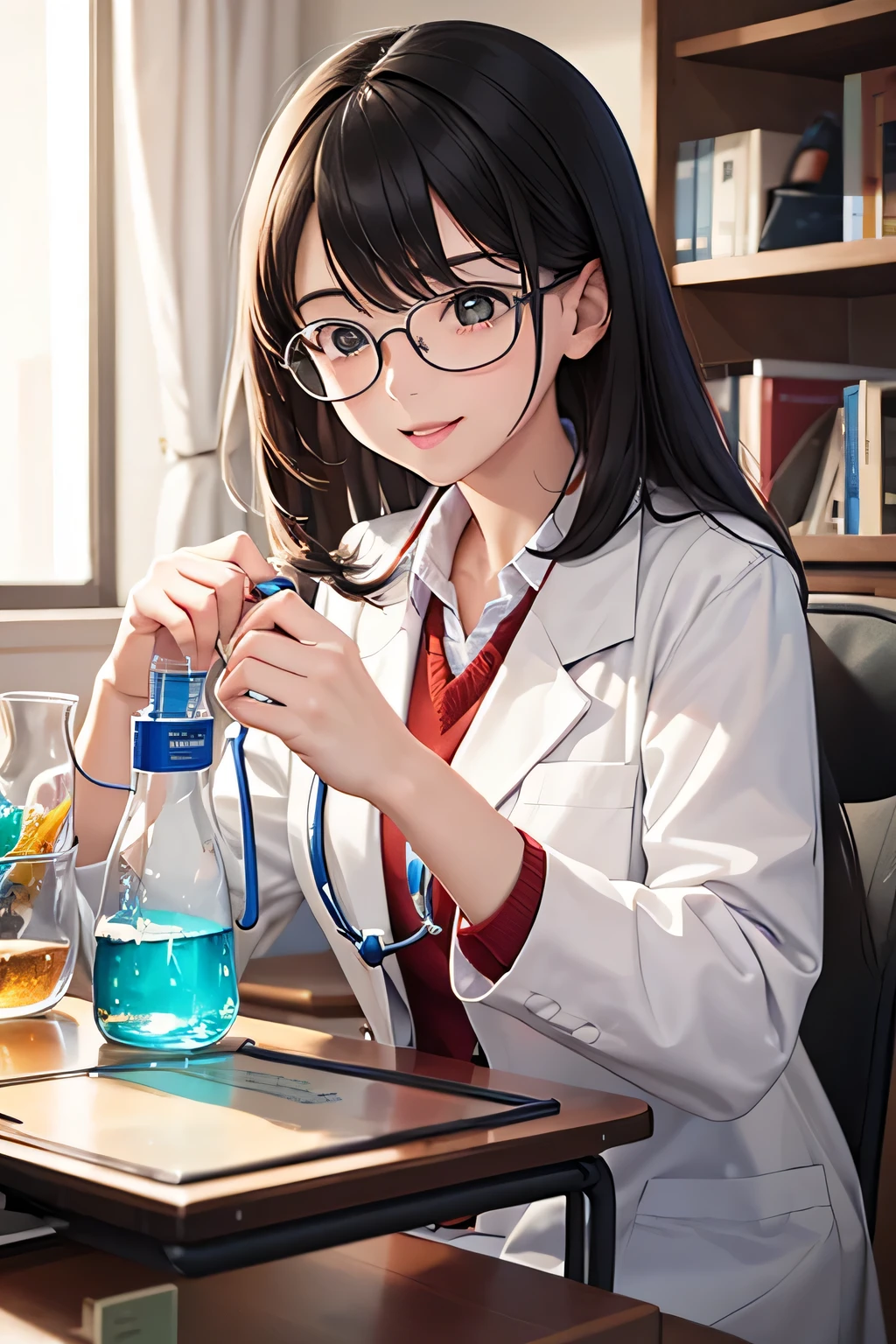 Anime girl in lab coat holding a flask and looking at a bottle - SeaArt AI