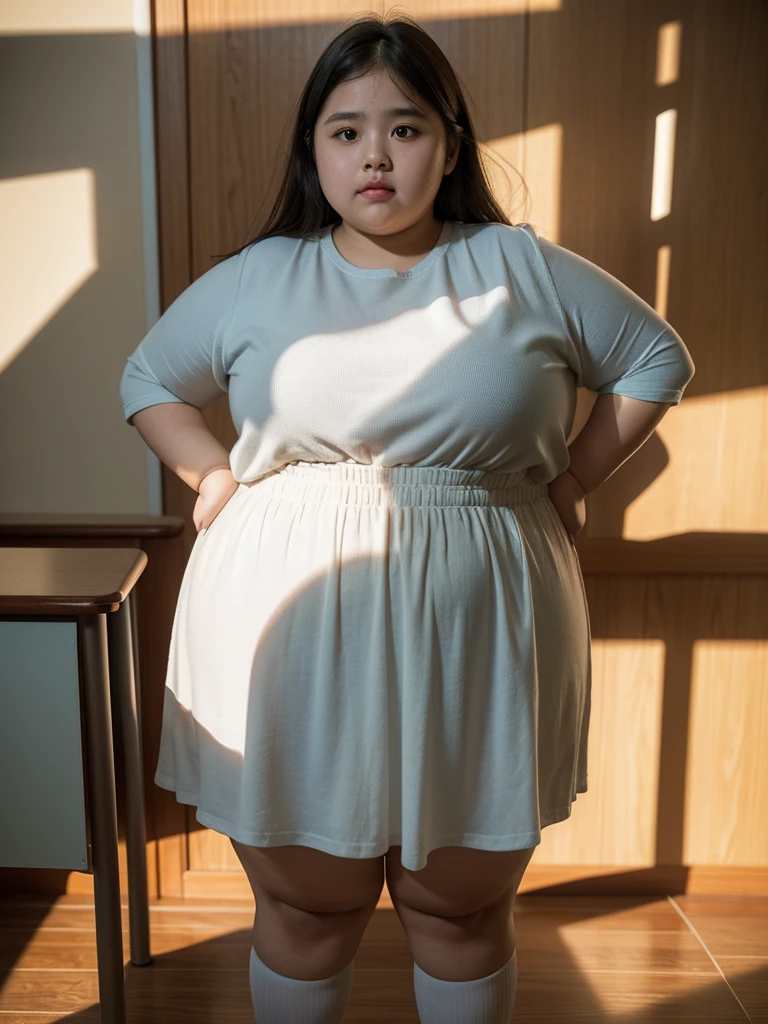 A 10 year old obese girl, chubby cheeks, round face, double chin ...