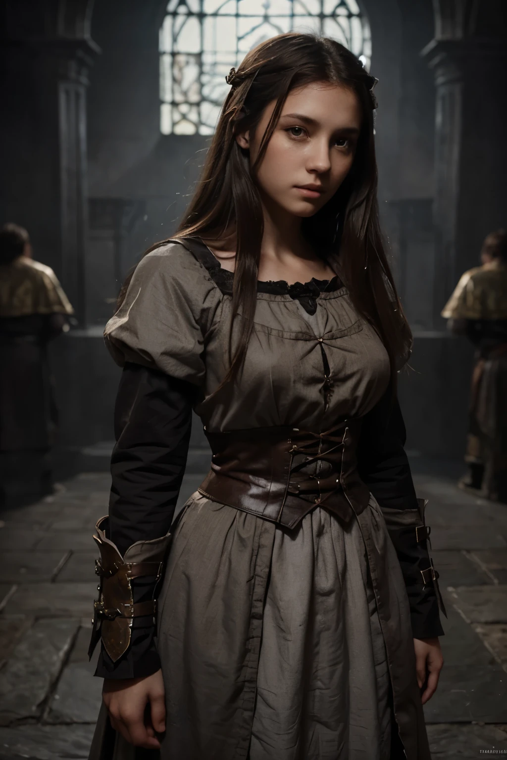 A woman in a medieval dress standing in a dark room - SeaArt AI