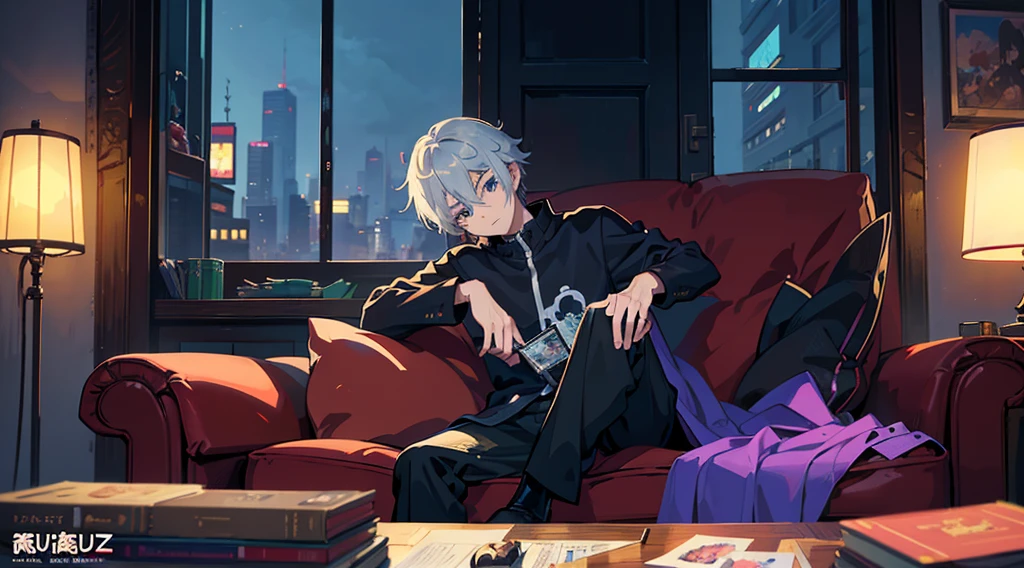 There is a boy sitting on a couch with a cell phone, digital anime illustration - SeaArt AI