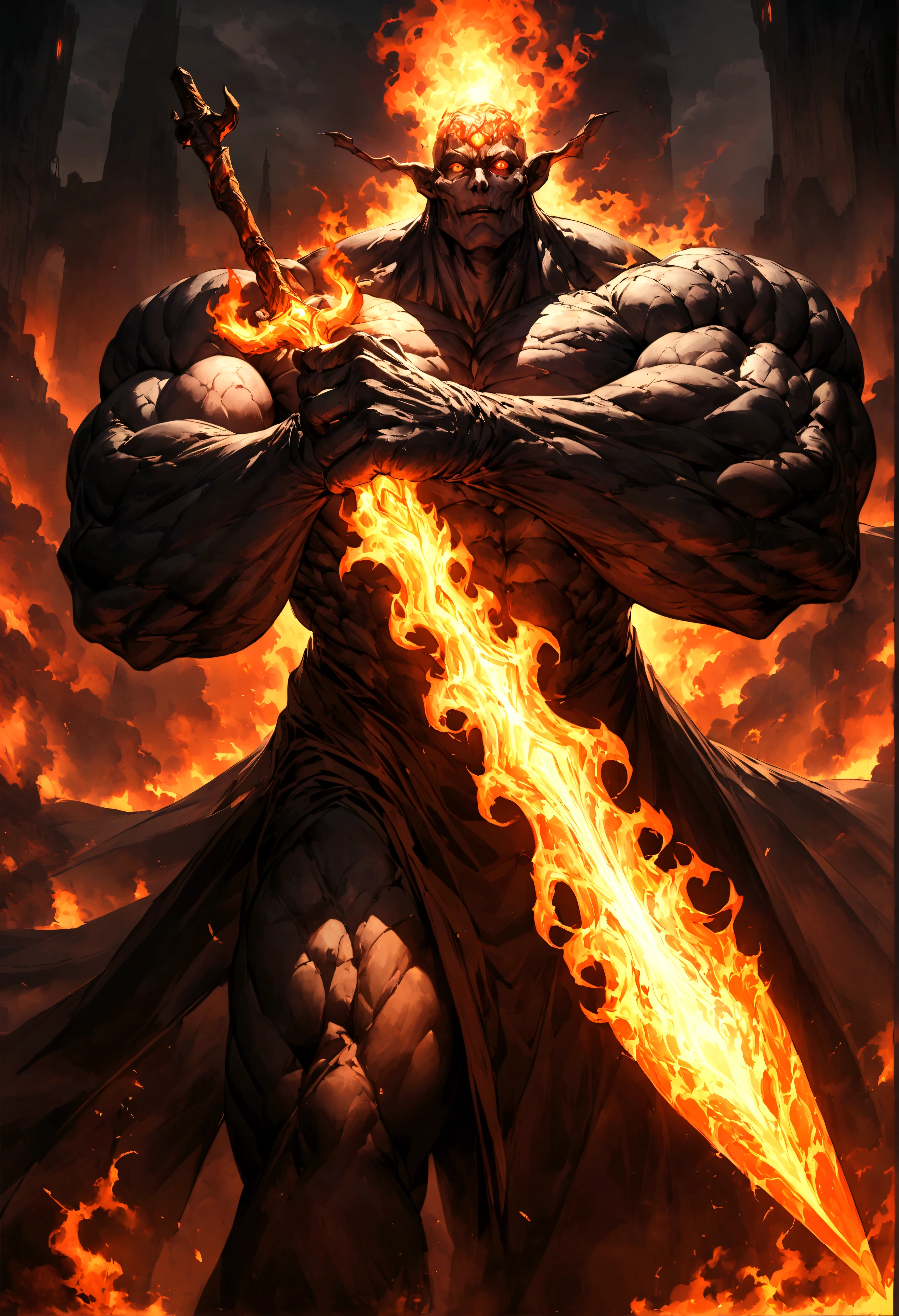 A close up of a man with a sword in a fire - SeaArt AI