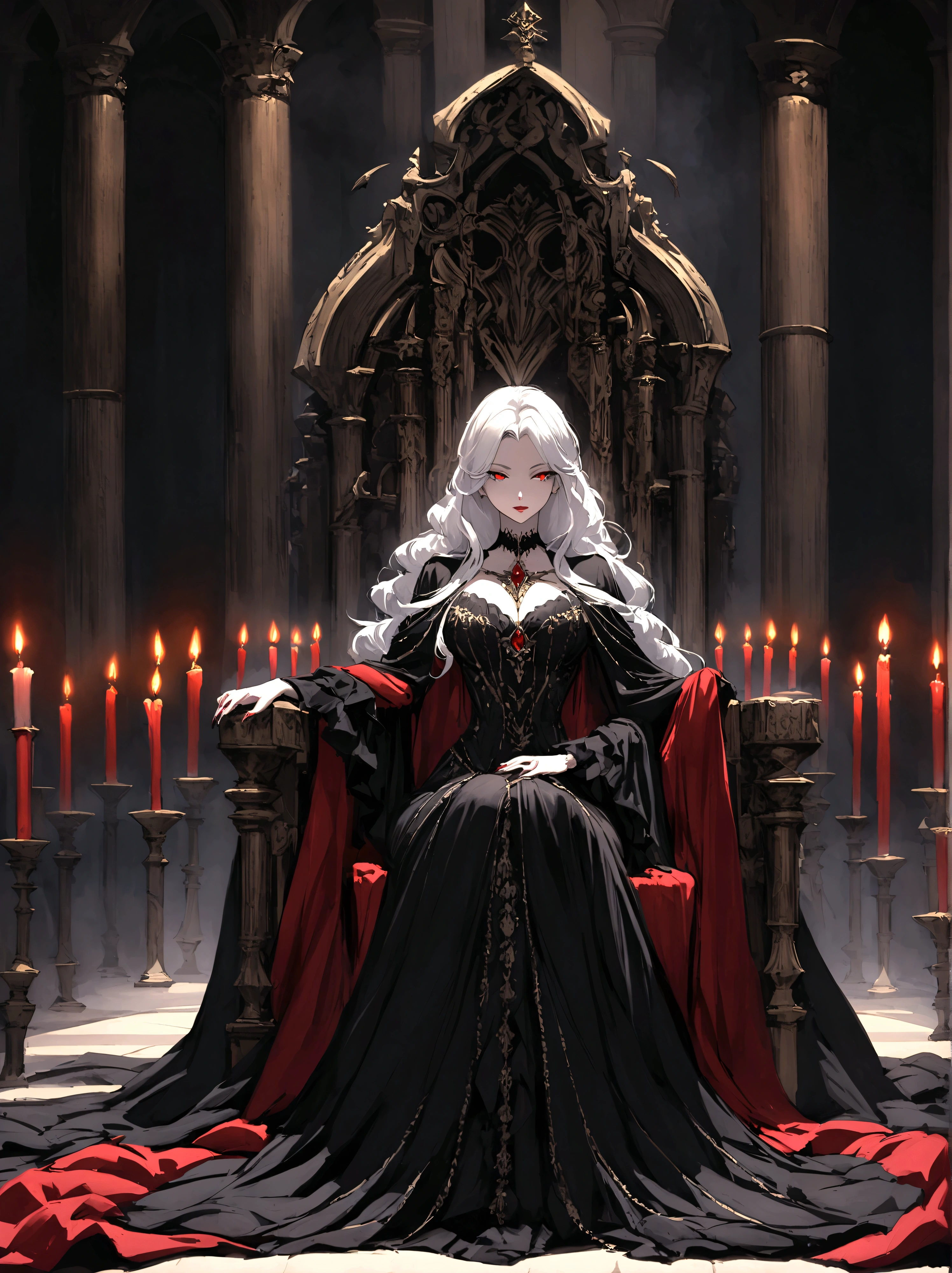 Arafed woman in a black dress sitting on a throne with candles - SeaArt AI