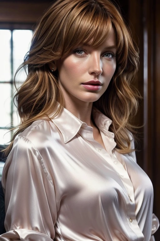 Kelly Reilly, clear face, detailed face, realistic,satin shirt - SeaArt AI