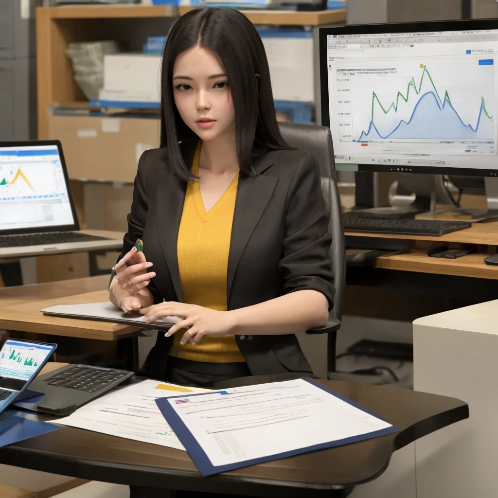 She at office. holding a laptop with graphs showing rising engagement ...