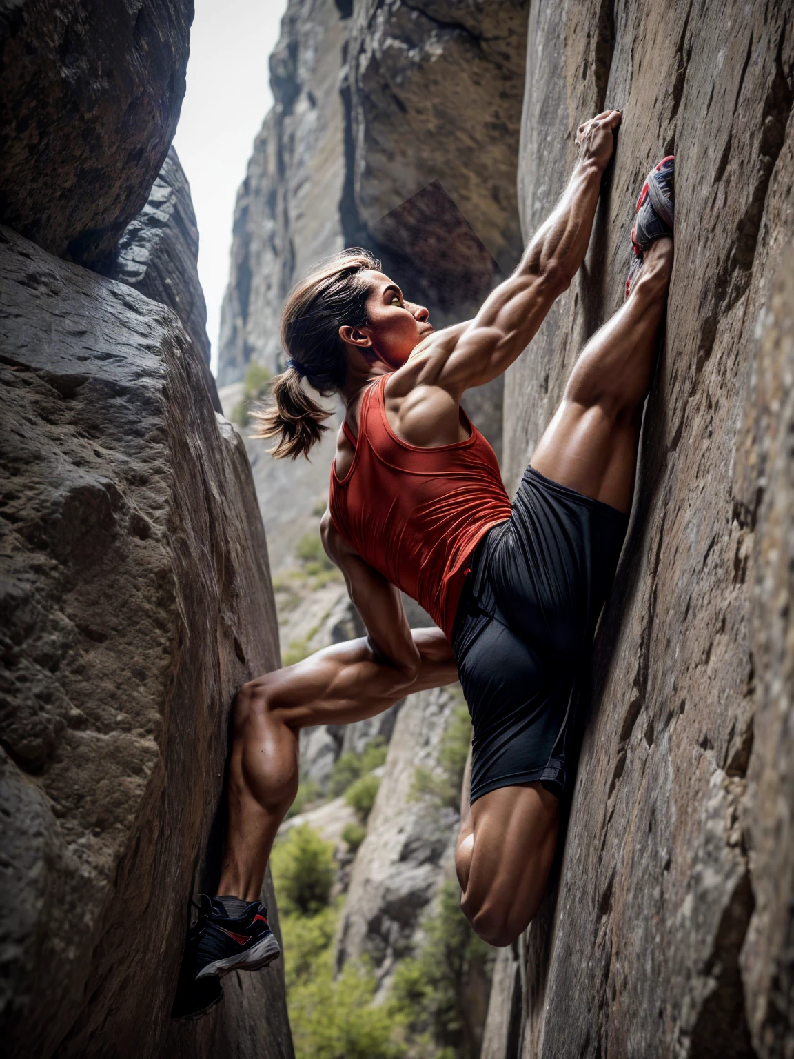 A person climbing a steep rock wall, strong grip, focused expression ...