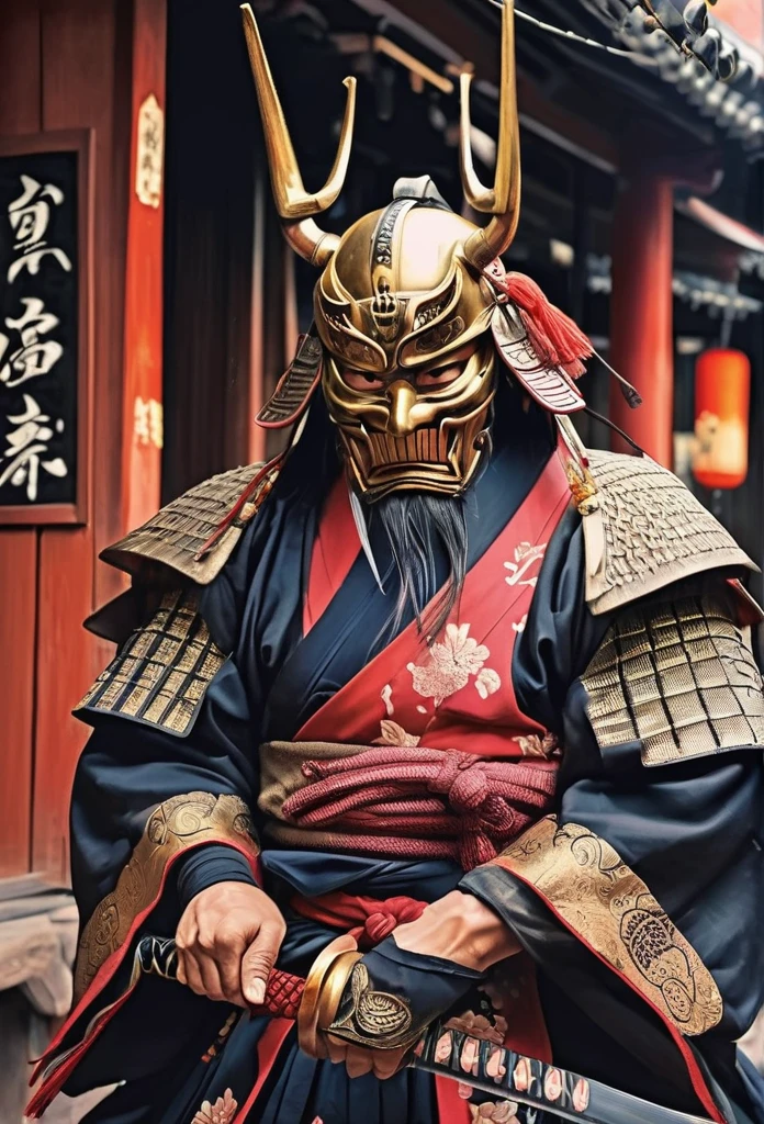 A Japanese warrior ronin with magnificent mask in portrait, the ...