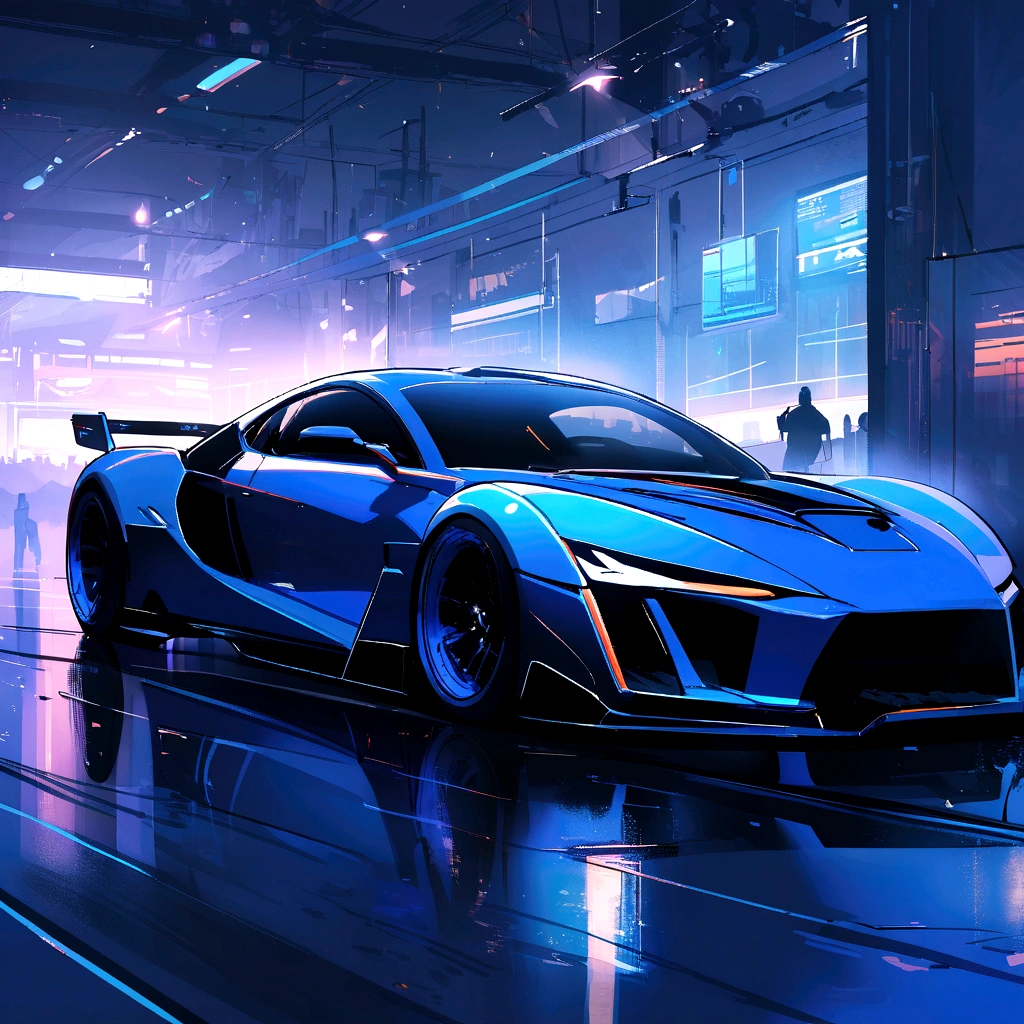 Black and blue rgb hot rod sports car, futuristic atmosphere - SeaArt AI