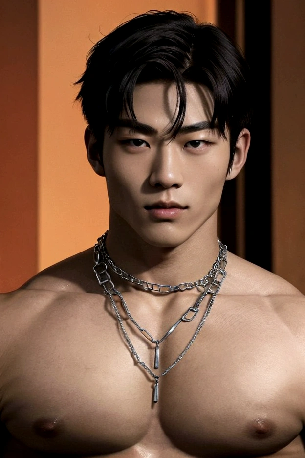 A close up of a man in a chain around his neck, handsome japanese demon ...