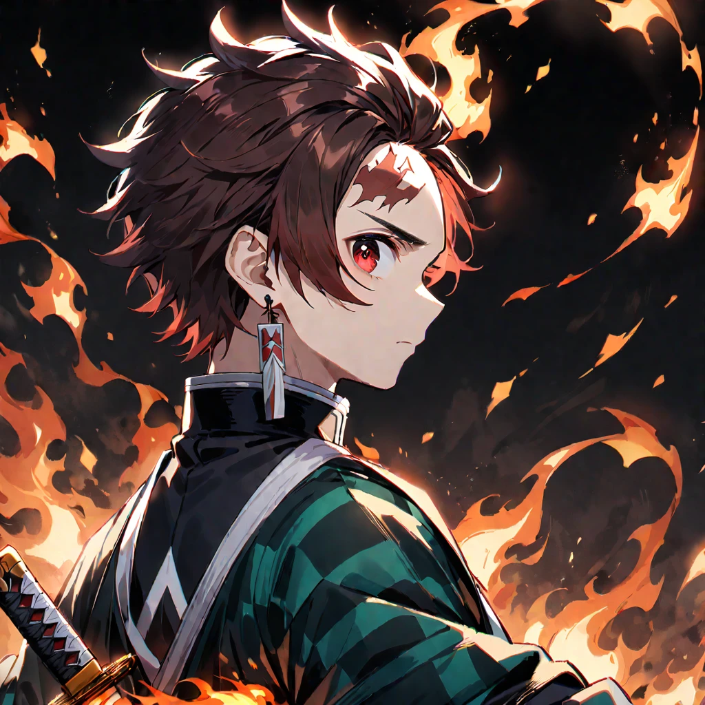 1boy, weapon, male focus, sword, kamado tanjirou, solo, jewelry - SeaArt AI