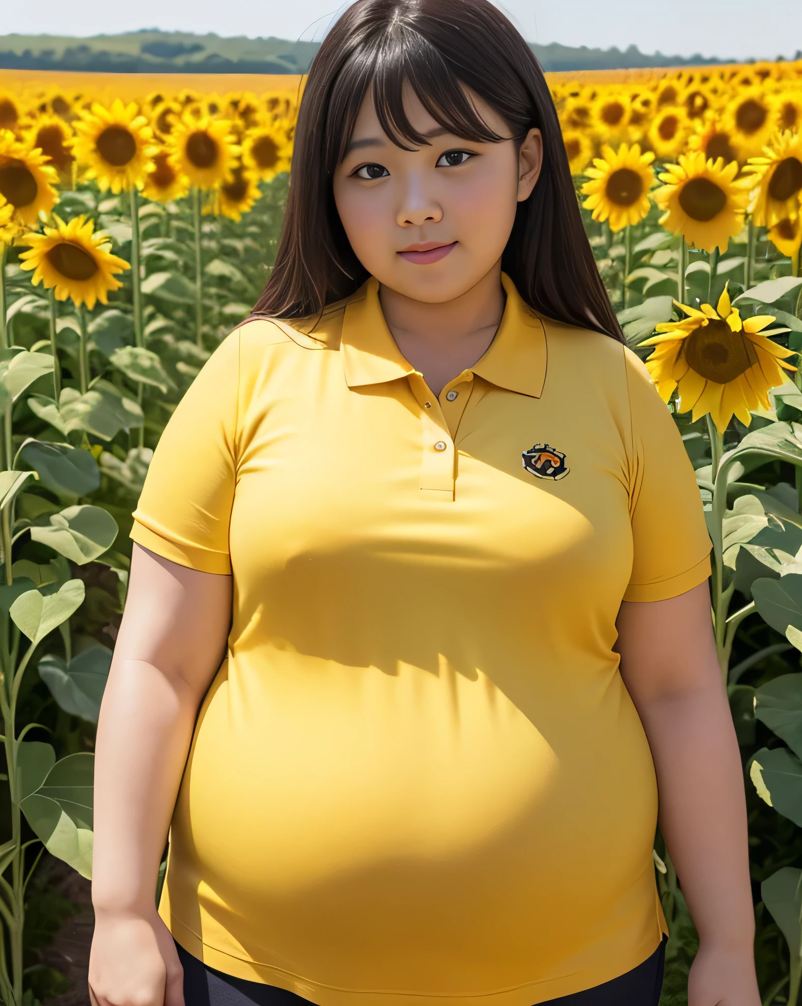 Arafed woman in a yellow shirt standing in a field of sunflowers ...