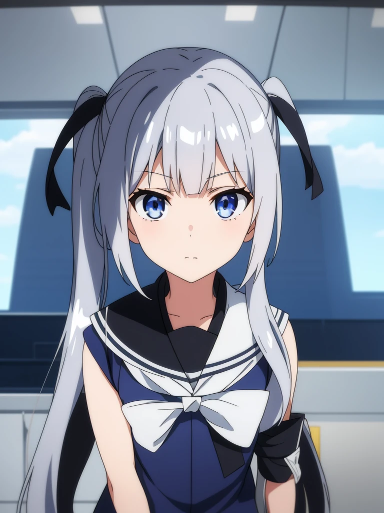 1girl, anime girl, silver hair, long twintails, silver eyes, dark blue ...