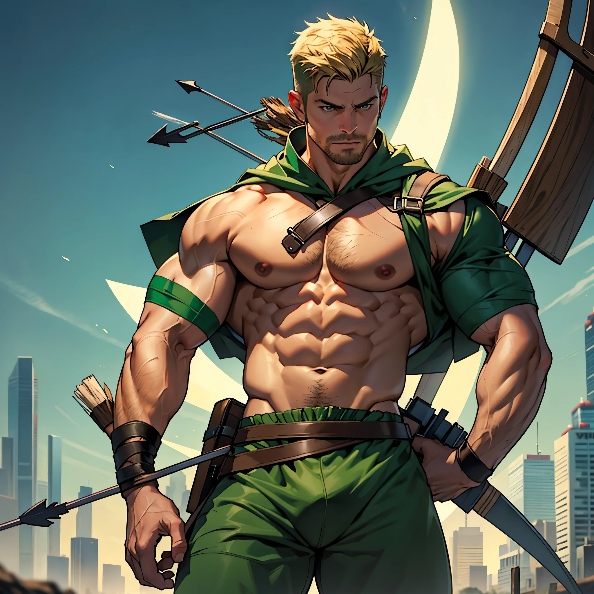 A close up of a man with a bow and arrow in his hand - SeaArt AI