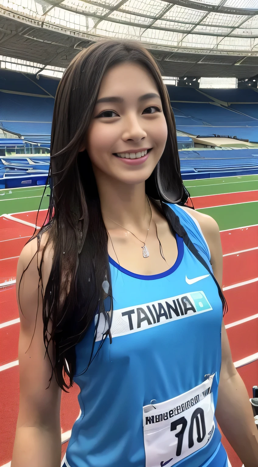 Arafed asian woman in blue shirt and black shorts standing on a track ...
